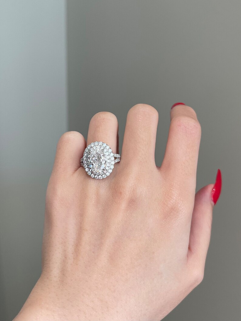 3.5 Carat Crushed Ice Oval Moissanite Double Halo 14K Gold Engagement ...