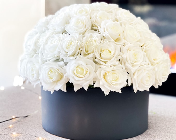 60 Real Touch White Roses in Black Vase, French Country Artificial ...