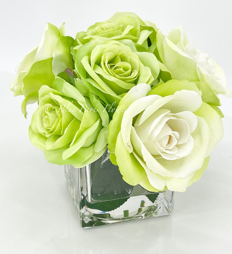 Green Velvet Touch Roses Arrangement: Faux Floral Centerpiece in Glass ...