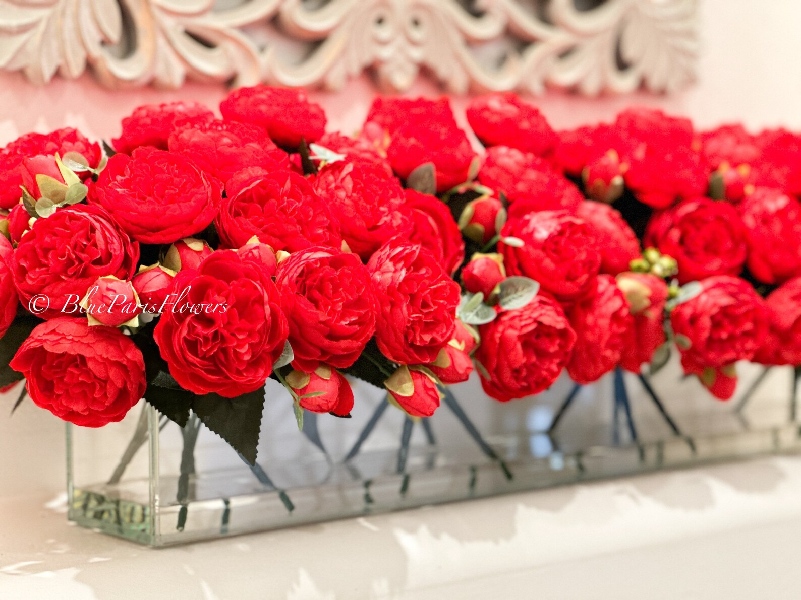 Modern Long Red Rose Peony Arrangement Artificial Faux Centerpiece ...