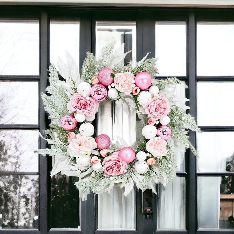 Pink Rose Christmas Wreath: Faux Silk Floral Holiday Decor - Etsy