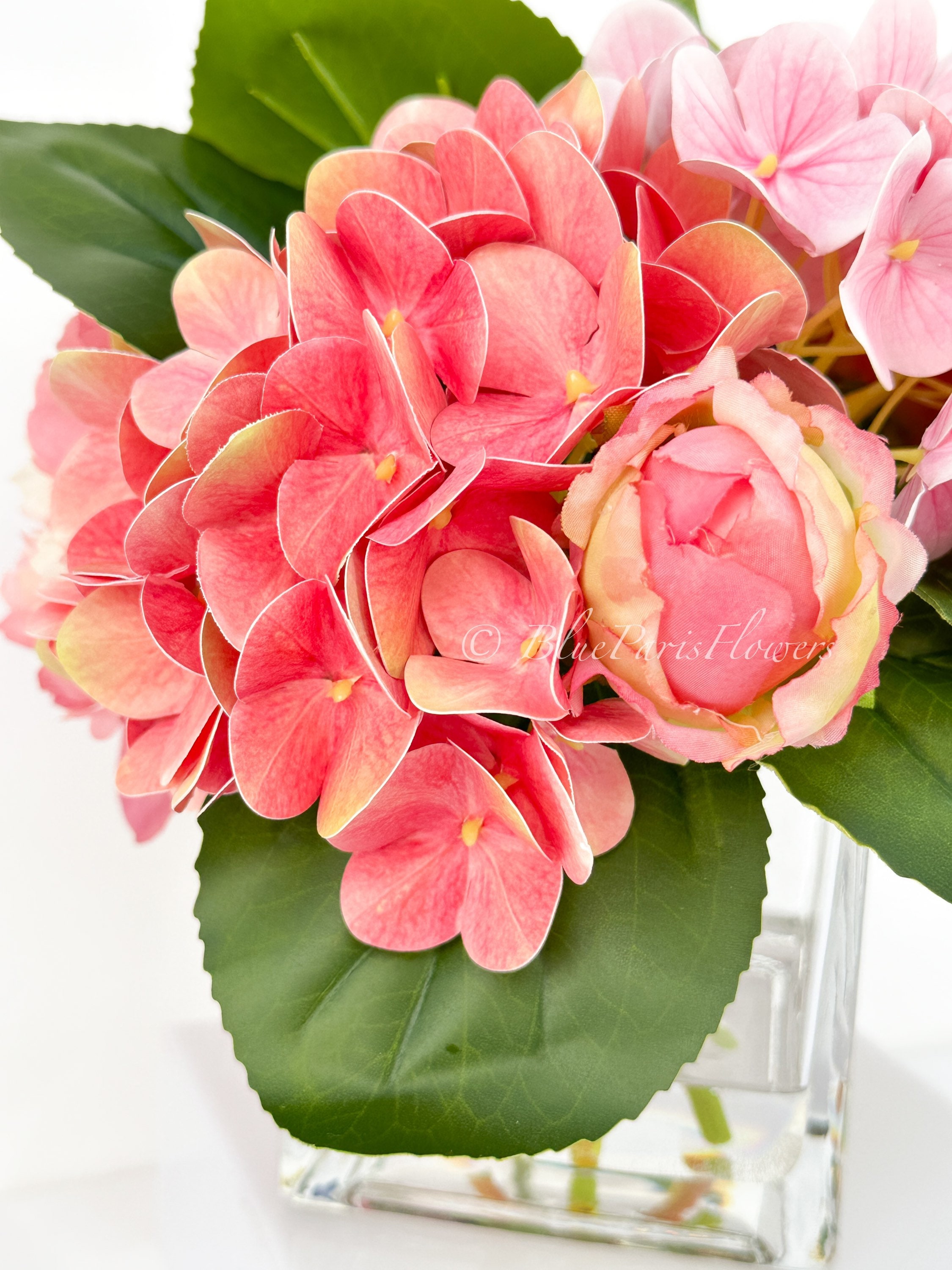 Pink Peonies & Peach Hydrangeas Arrangement: Faux Floral Centerpiece - Etsy