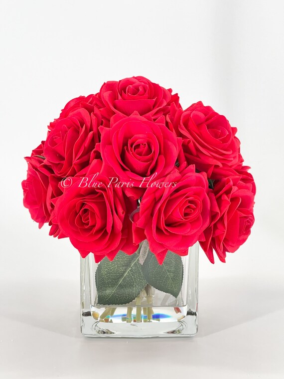 16 Real Touch Ruby Red Roses Arrangement in Vase French Country Artificial Flowers Faux Floral Home Decor Realistic Floral Arrangement Etsy Canada