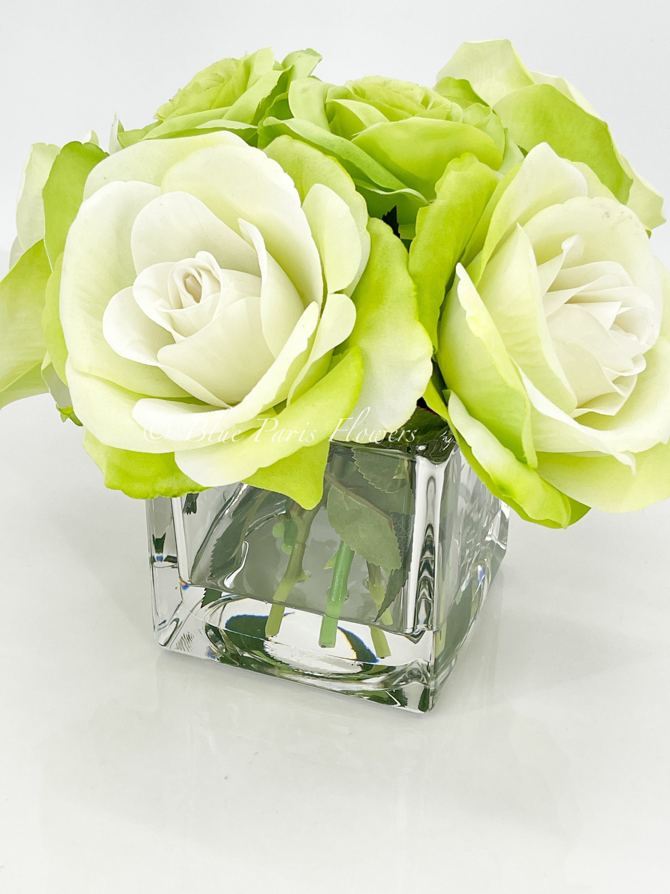 Green Velvet Touch Roses Arrangement: Faux Floral Centerpiece in Glass ...