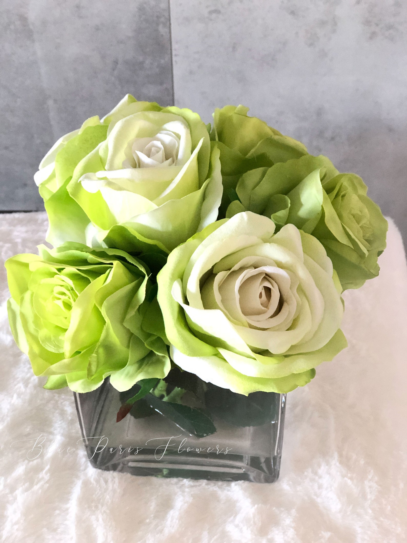 Green Velvet Touch Roses Arrangement: Faux Floral Centerpiece in Glass ...