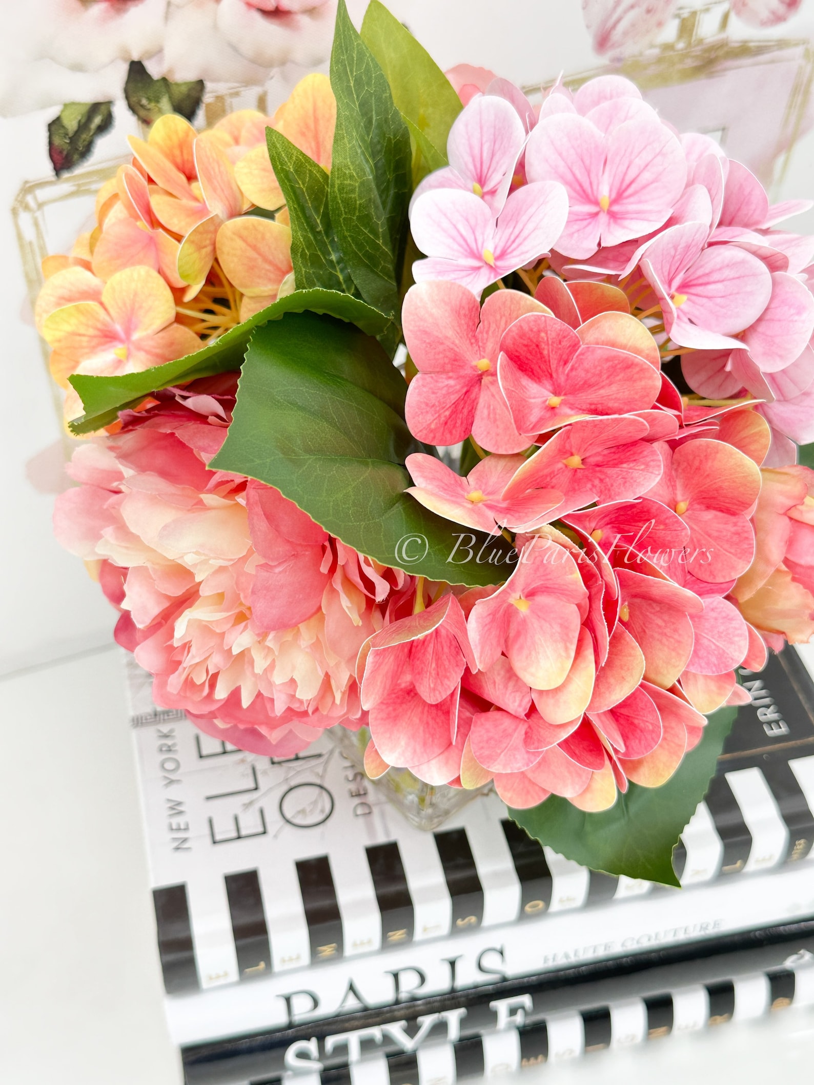 Pink Peonies & Peach Hydrangeas Arrangement: Faux Floral Centerpiece - Etsy