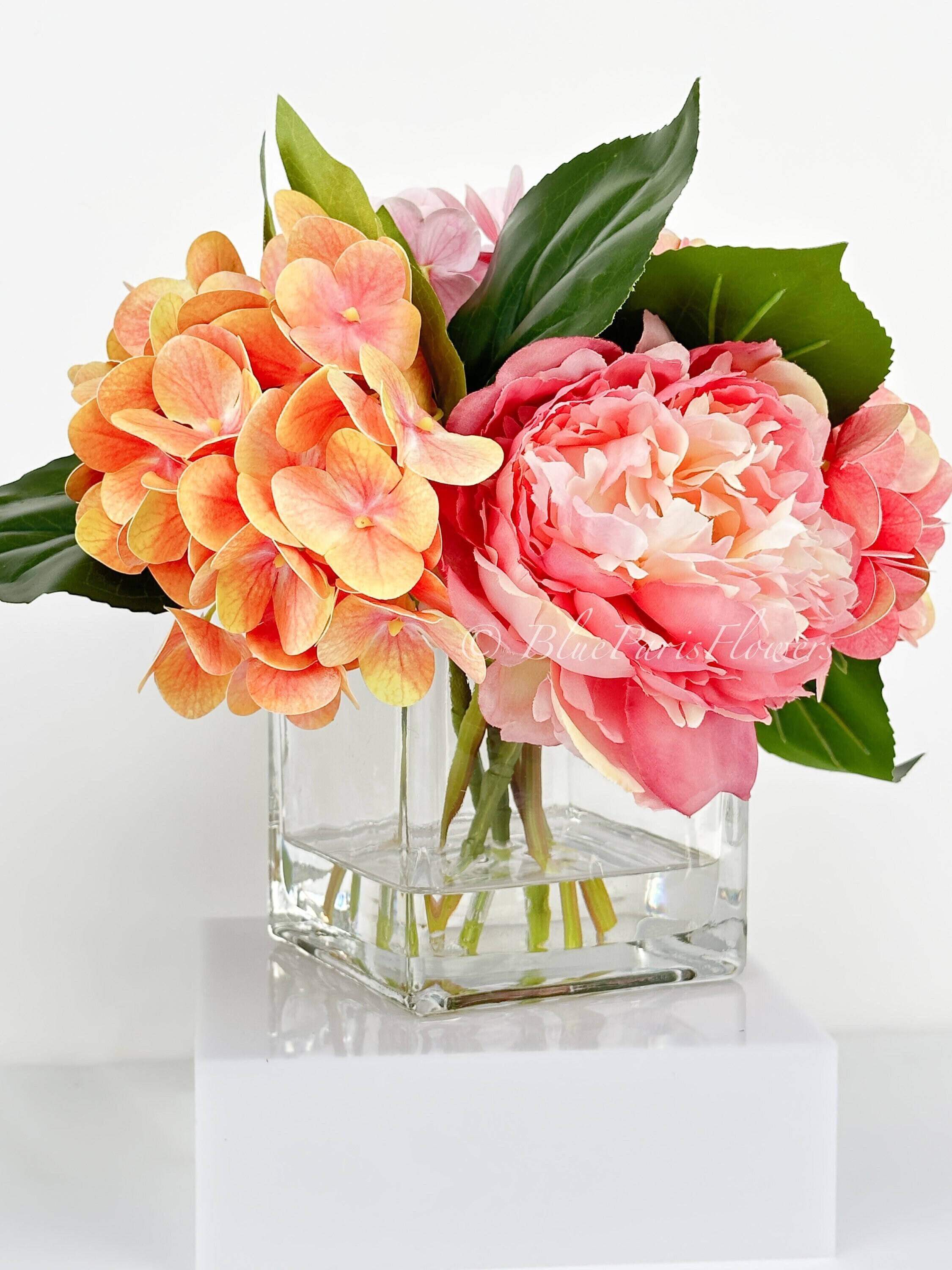 Pink Peonies & Peach Hydrangeas Arrangement: Faux Floral Centerpiece - Etsy