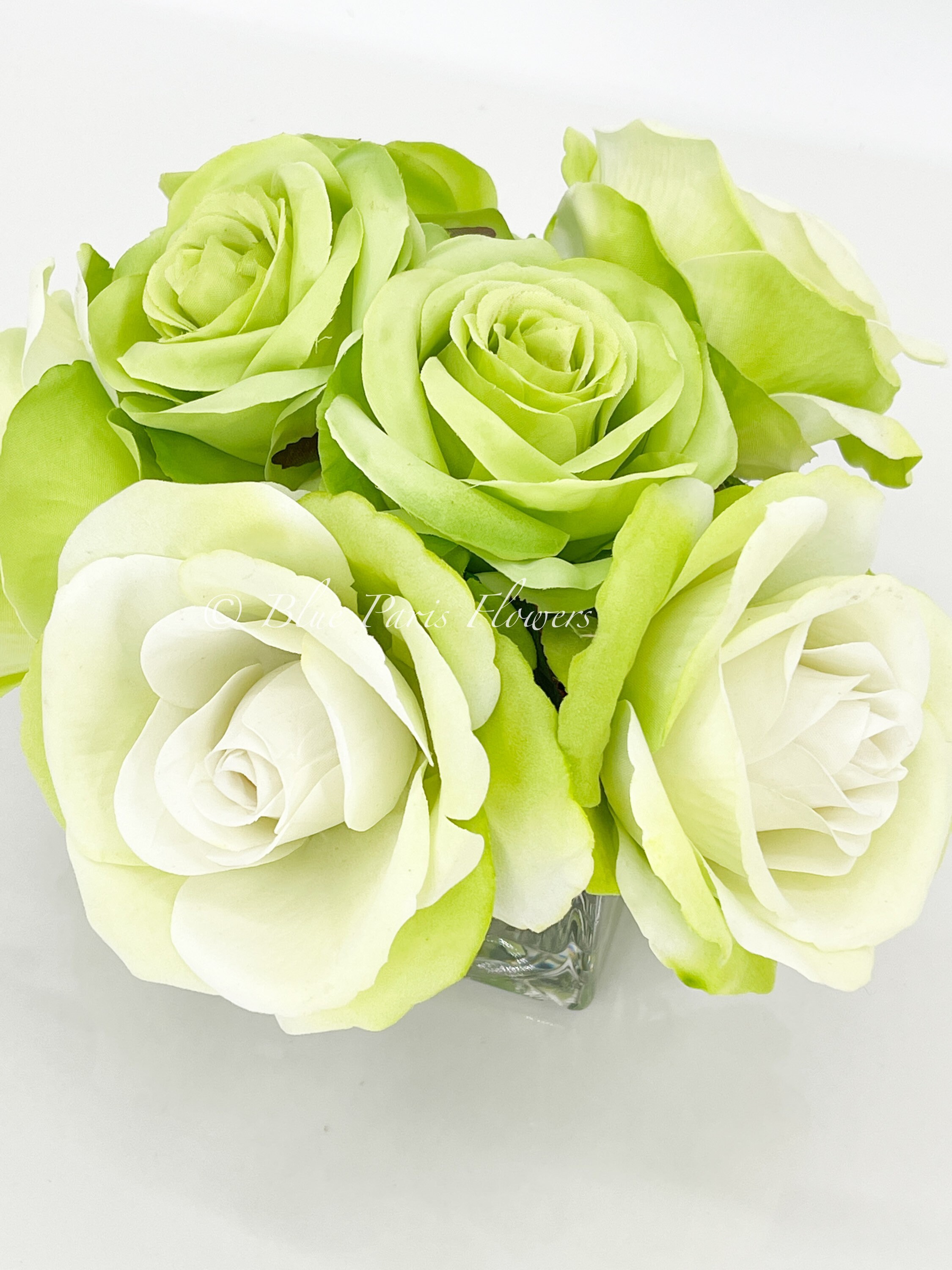Green Velvet Touch Roses Arrangement: Faux Floral Centerpiece in Glass ...
