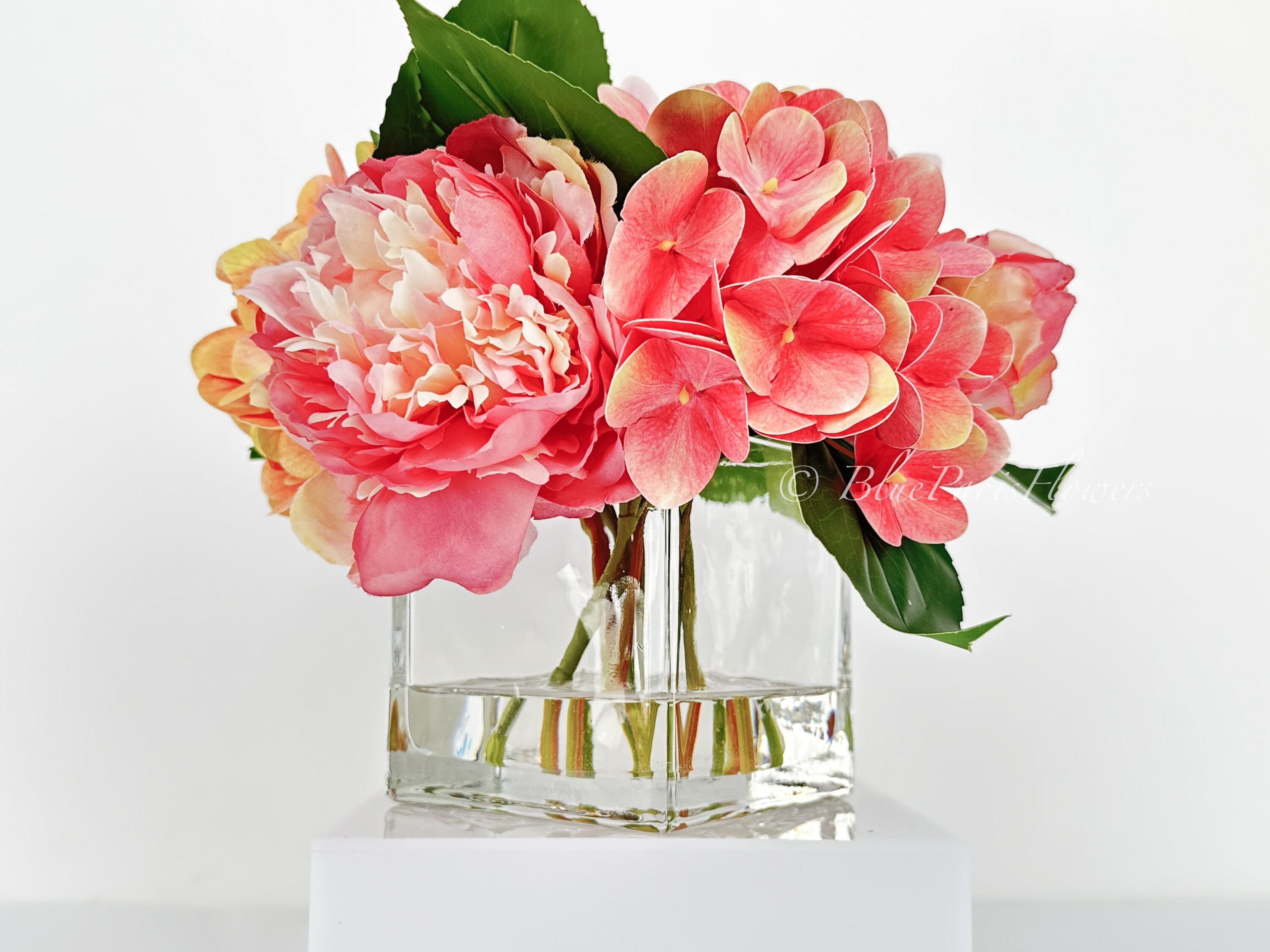 Pink Peonies & Peach Hydrangeas Arrangement: Faux Floral Centerpiece - Etsy