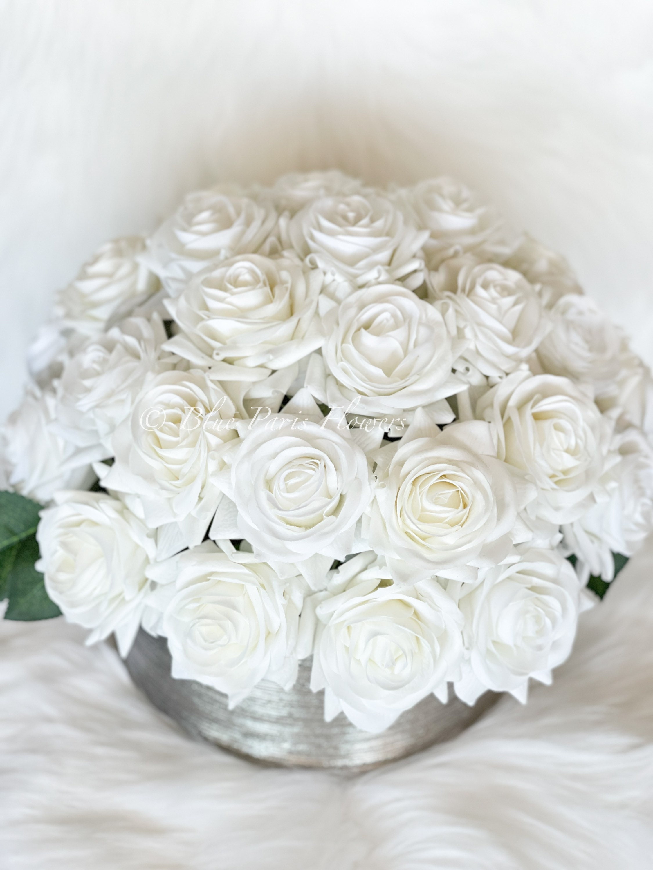 40 Real Touch White Roses Arrangement in Silver Vase French | Etsy