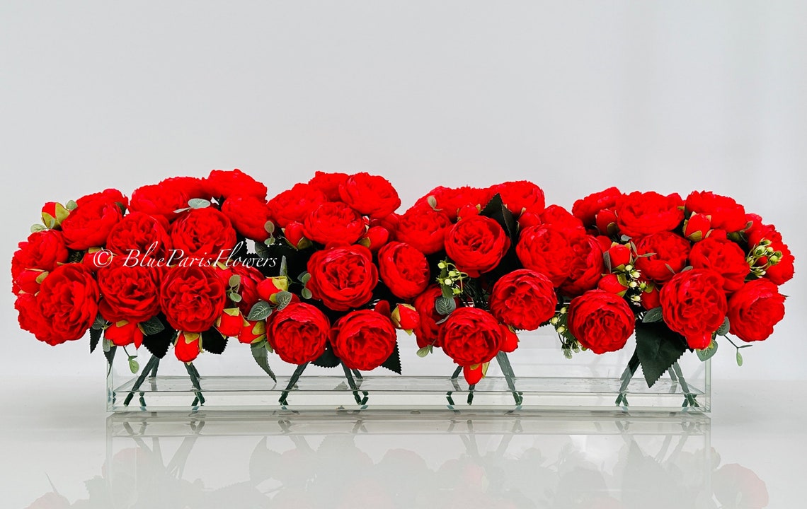 Modern Long Red Rose Peony Arrangement Artificial Faux - Etsy