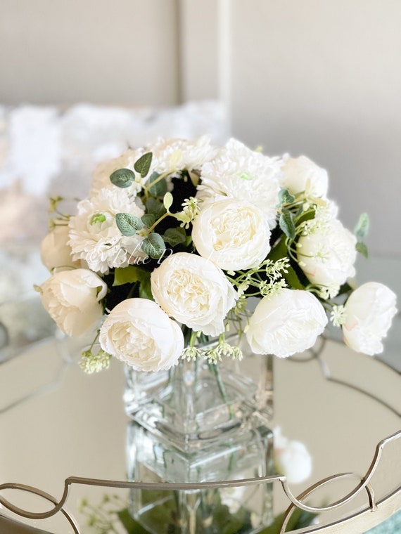 White Peony Ranunculus Floral Arrangement Artificial Faux Centerpiece Silk Flowers French Country Decor Floral Arrangement Flower Gift Etsy UK