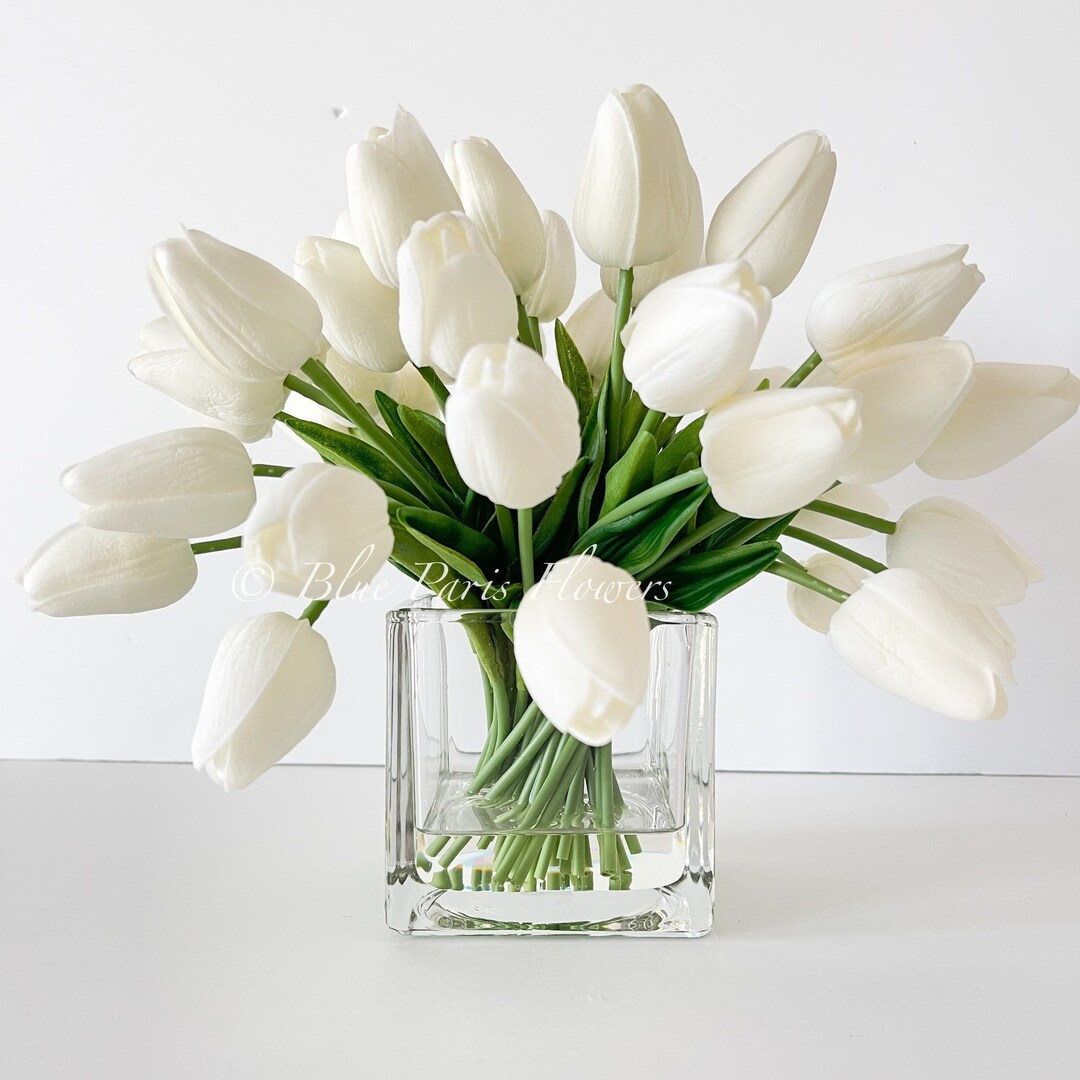 White Tulip Arrangement: 30 Faux Flowers in Glass Vase - Etsy