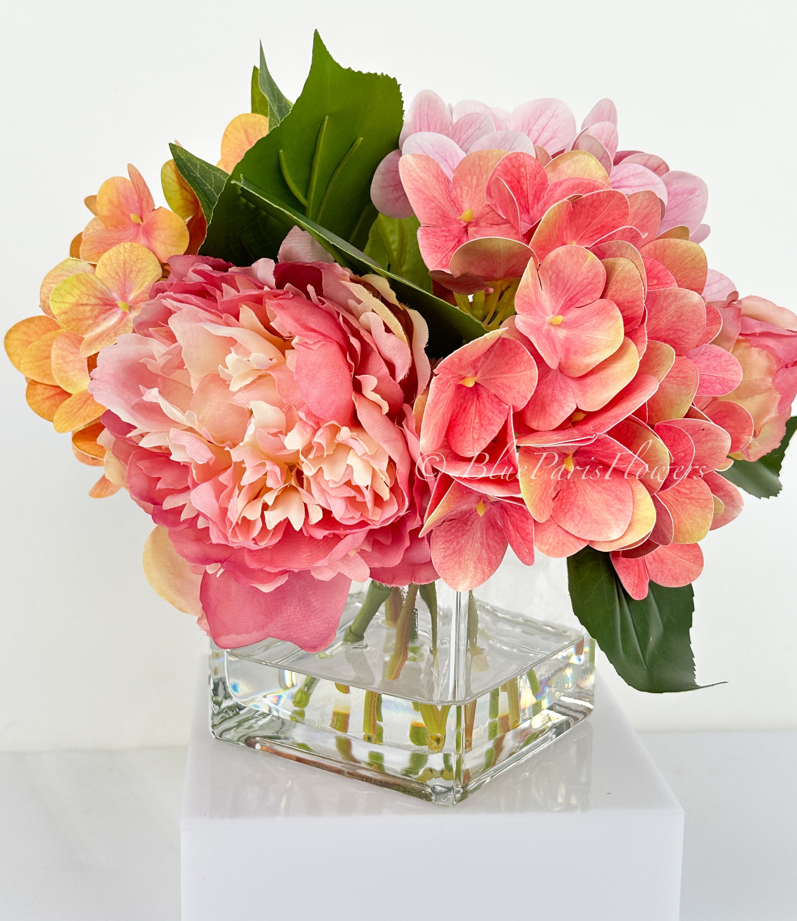 Pink Peonies & Peach Hydrangeas Arrangement: Faux Floral Centerpiece - Etsy