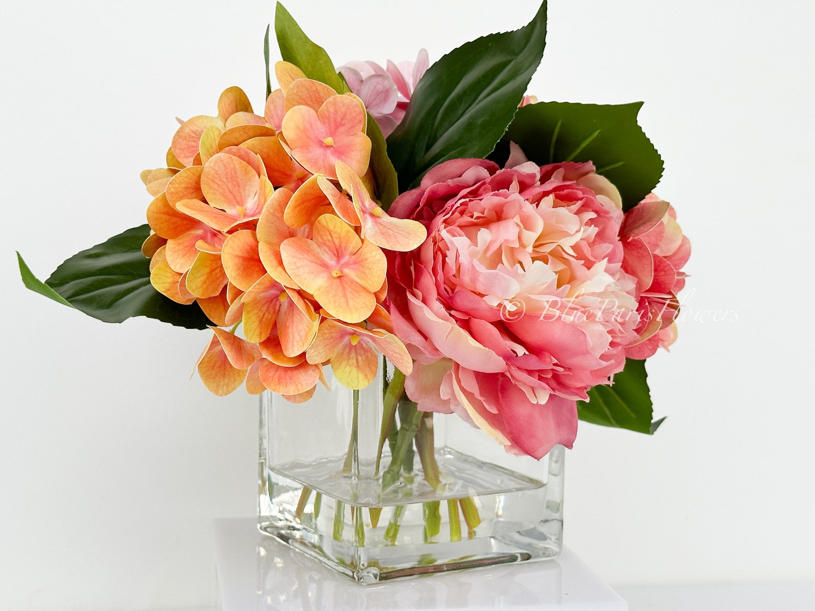 Pink Peonies & Peach Hydrangeas Arrangement: Faux Floral Centerpiece - Etsy