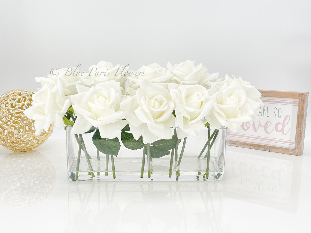 Real Touch White Roses Arrangement in Vase, French Country Artificial ...