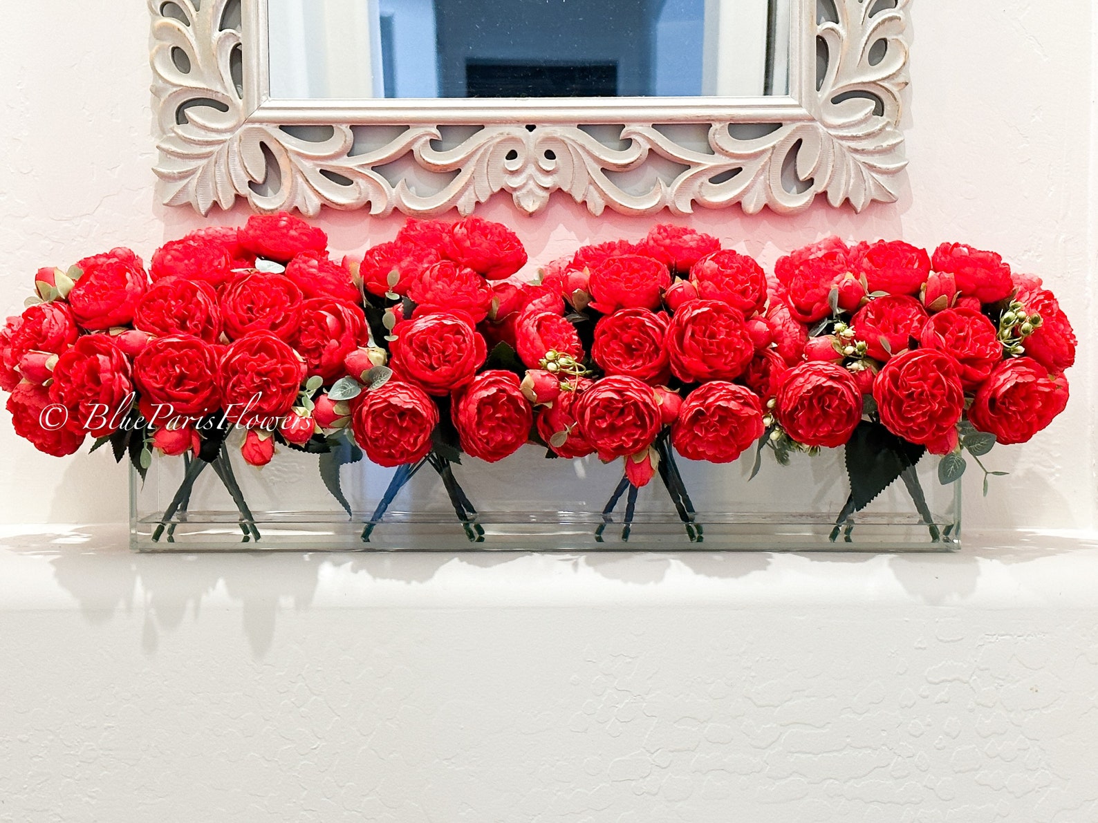 Modern Long Red Rose Peony Arrangement Artificial Faux Centerpiece ...
