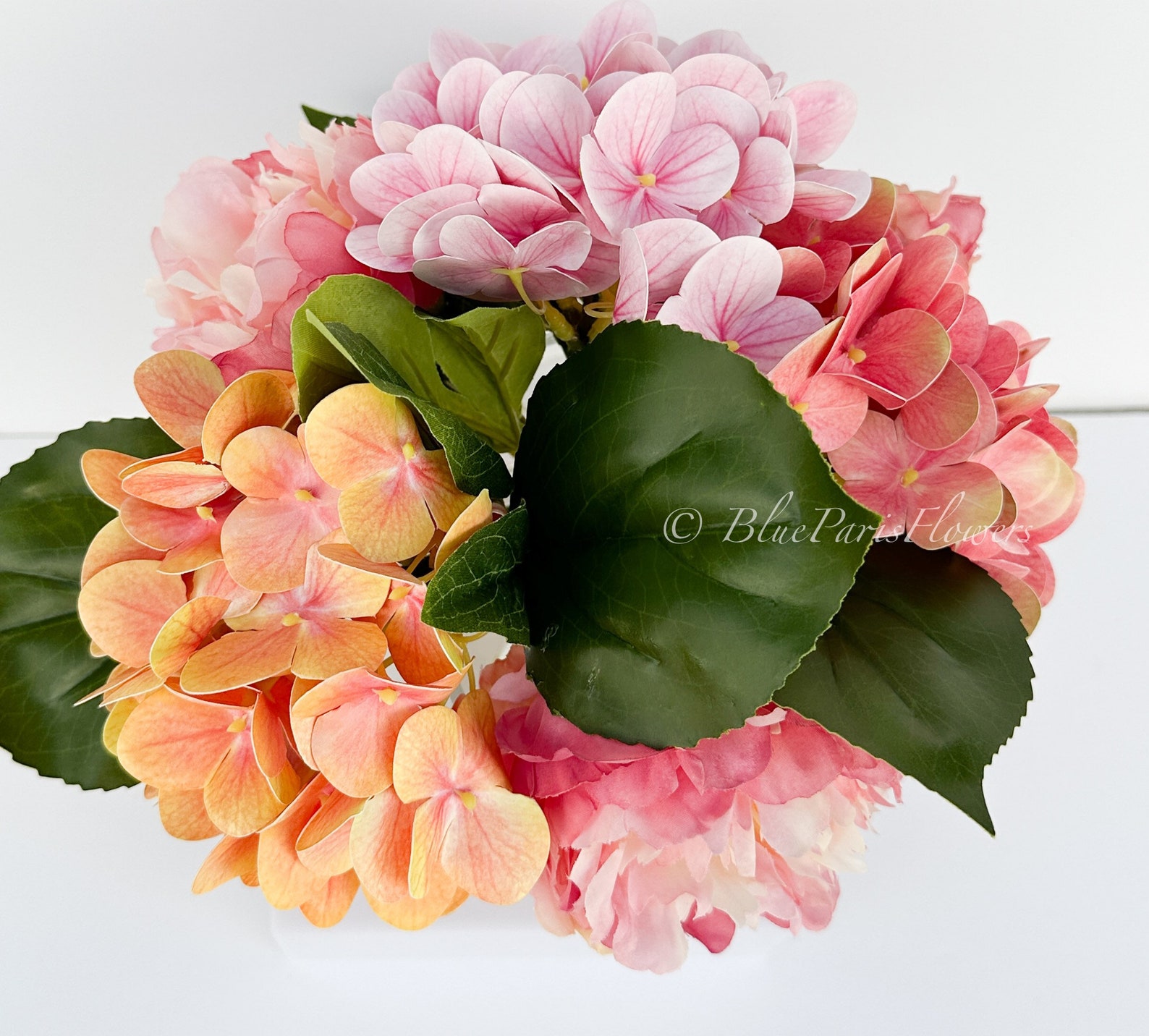Pink Peonies & Peach Hydrangeas Arrangement: Faux Floral Centerpiece - Etsy