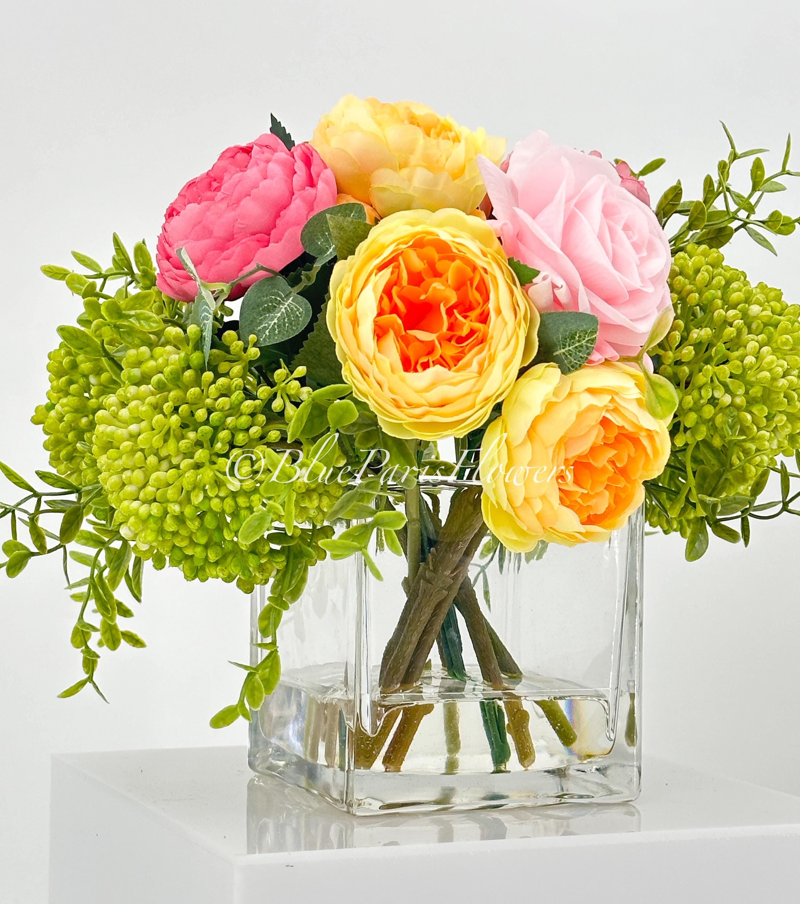 Faux Peony & Rose Arrangement: French Country Centerpiece in Glass Vase ...