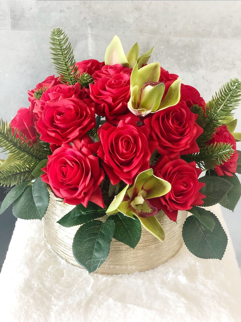 Christmas Real Touch Red Roses Arrangement-gold Vase Floral | Etsy