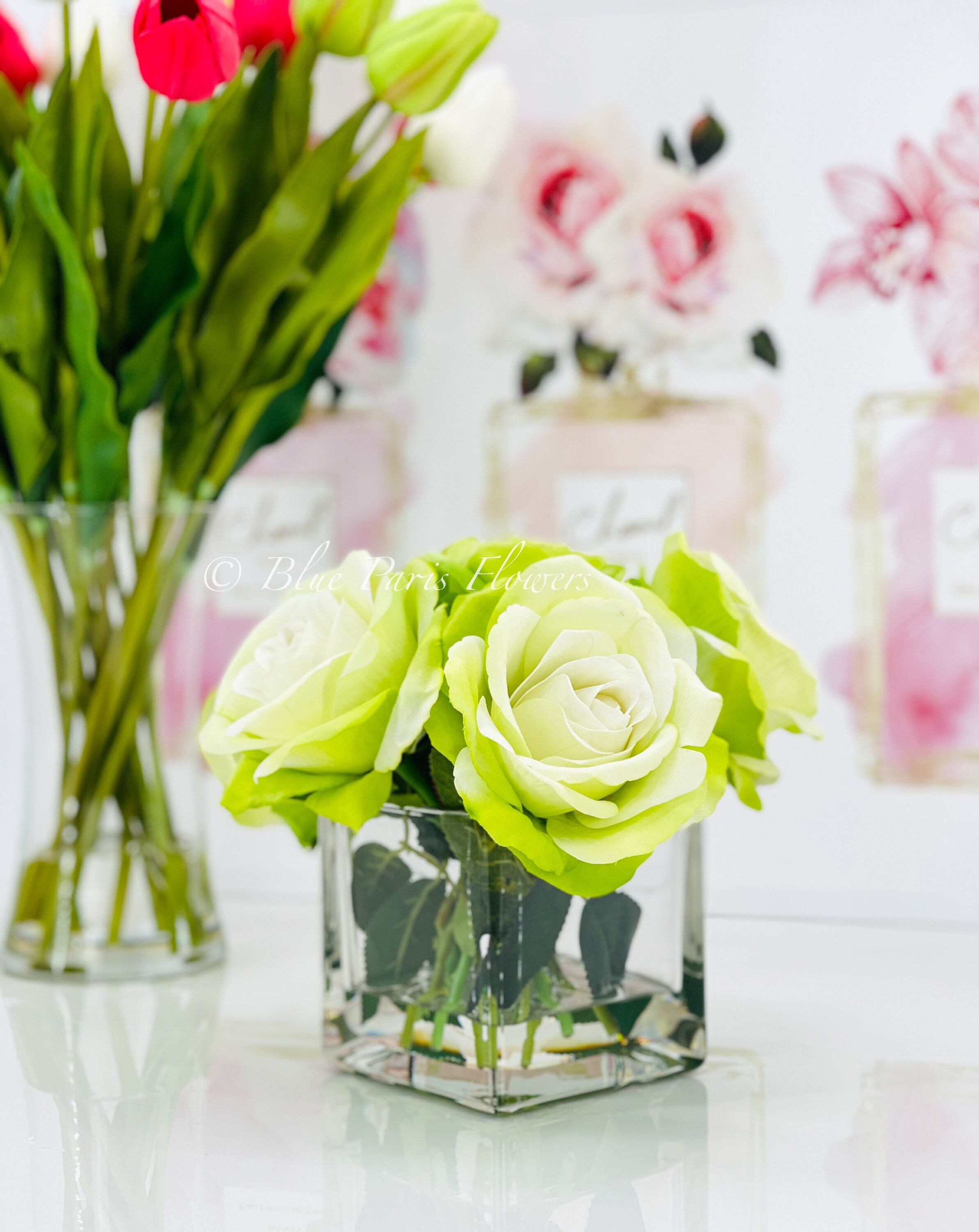 Green Velvet Touch Roses Arrangement: Faux Floral Centerpiece in Glass ...