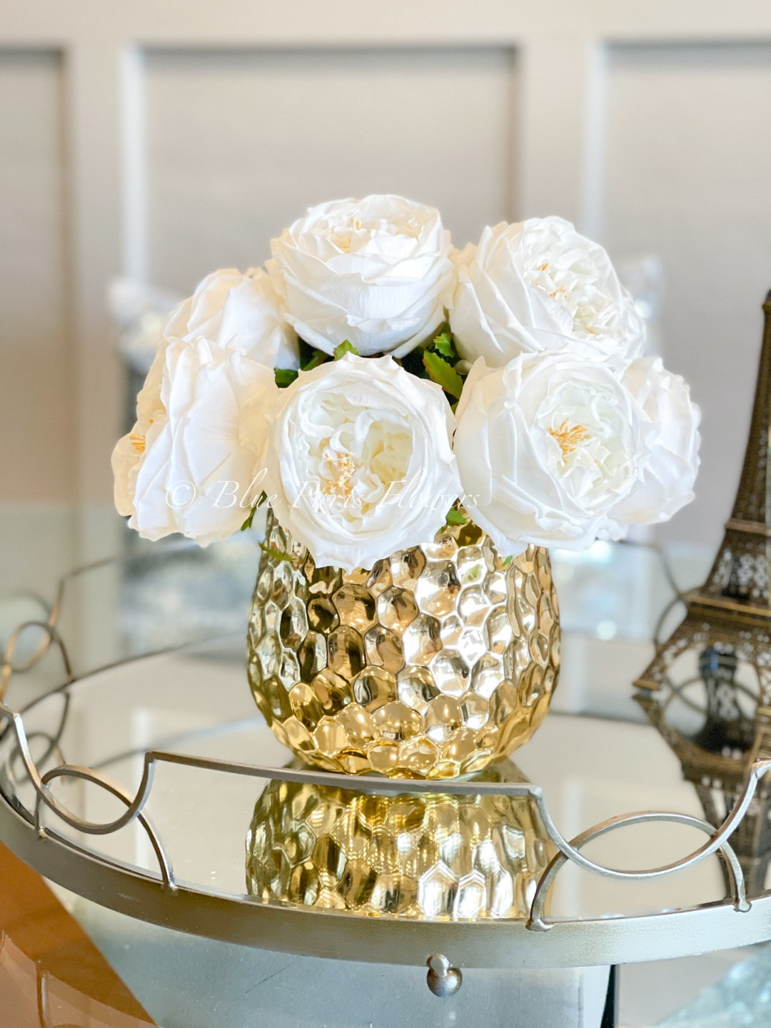White Austin Rose Arrangement | Real Touch | French Country ...