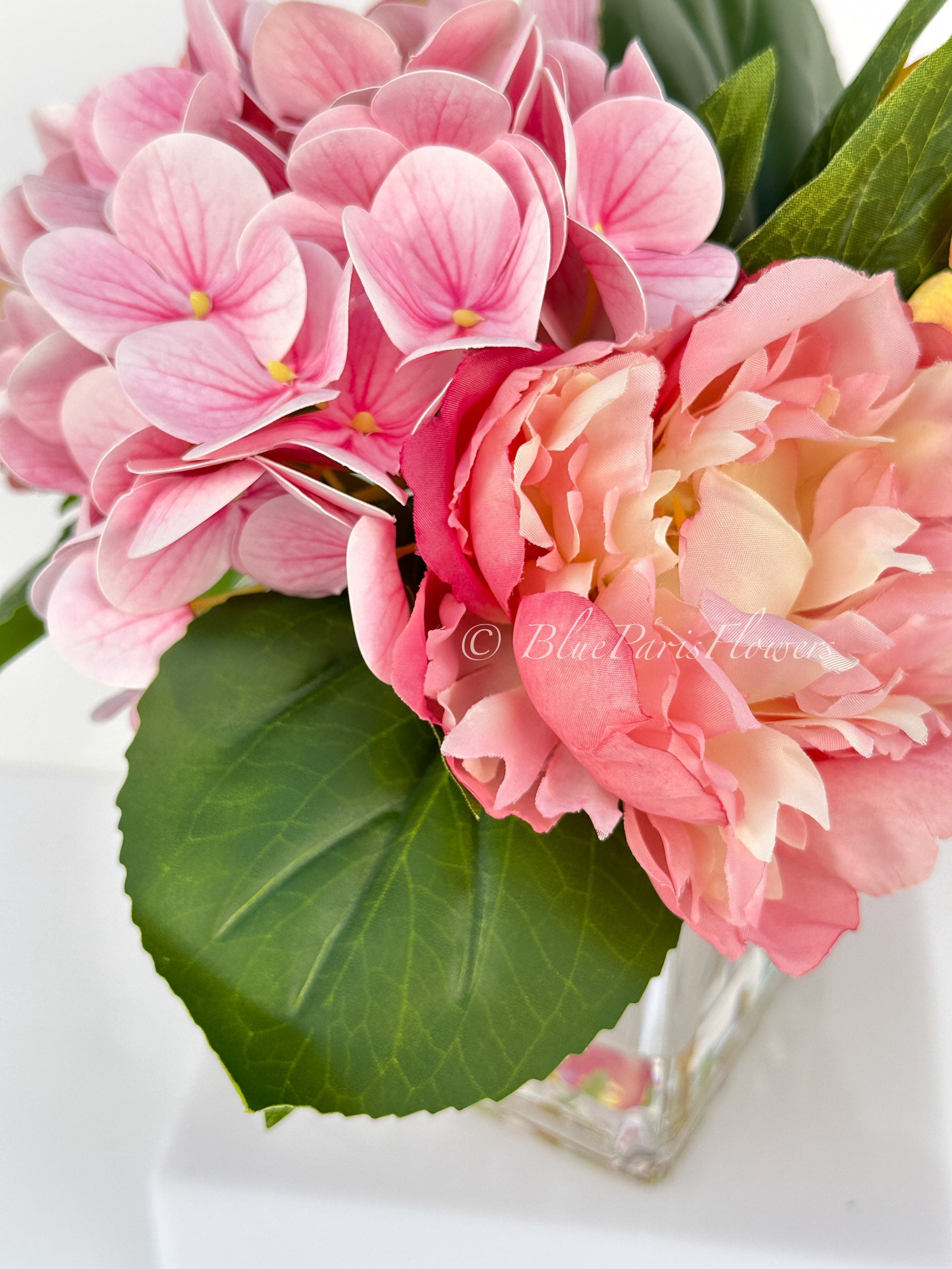 Pink Peonies & Peach Hydrangeas Arrangement: Faux Floral Centerpiece - Etsy