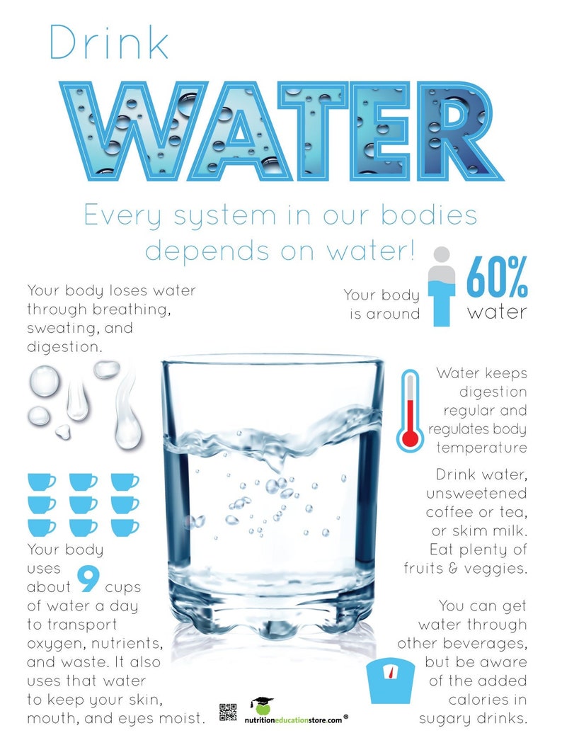 Drink Water Poster - 18x 24" Laminated Poster - Healthy Beverage Poster ...