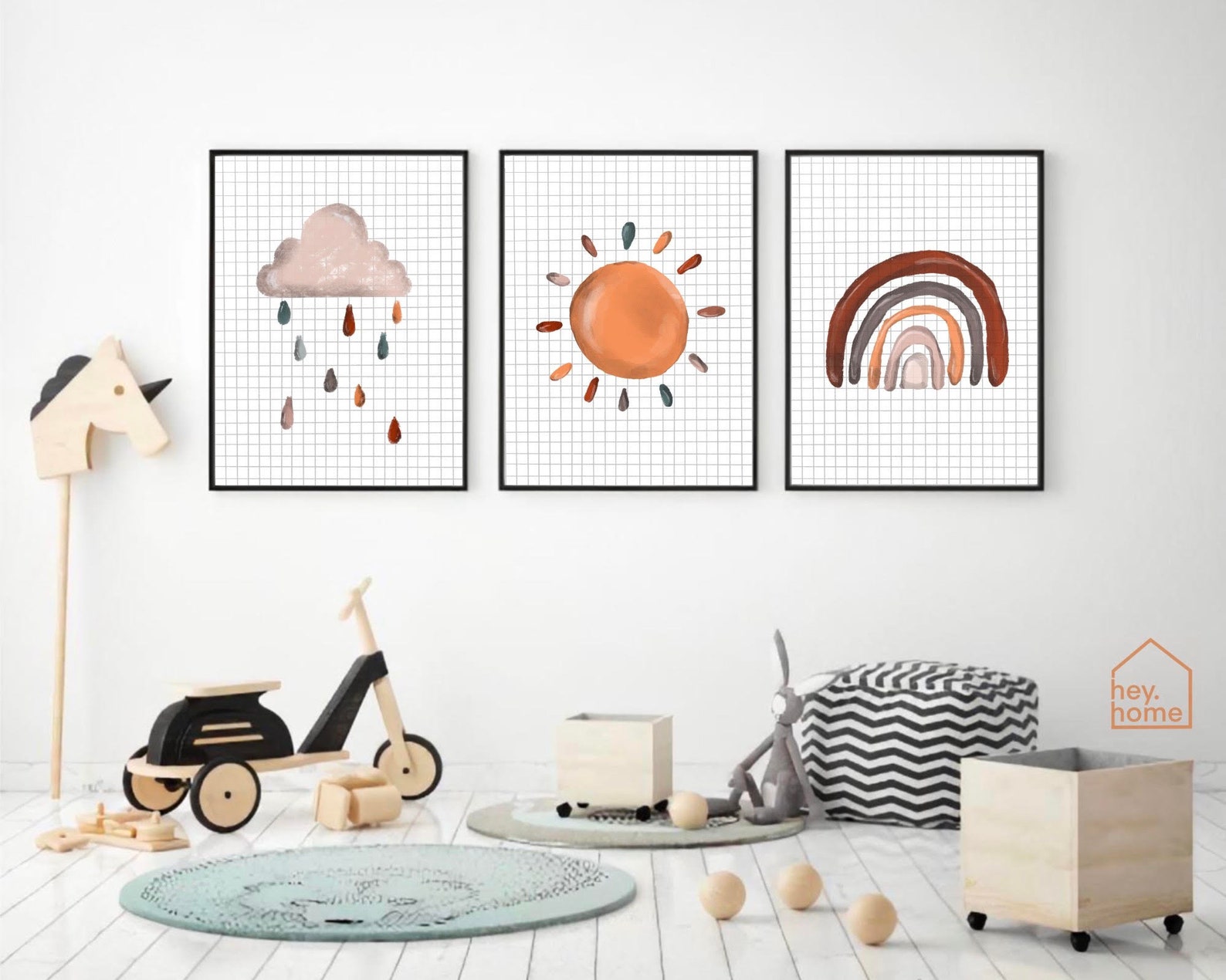 Rain & Cloud Boho Nursery Decor Printable, Neutral Colour, Sun Rain ...