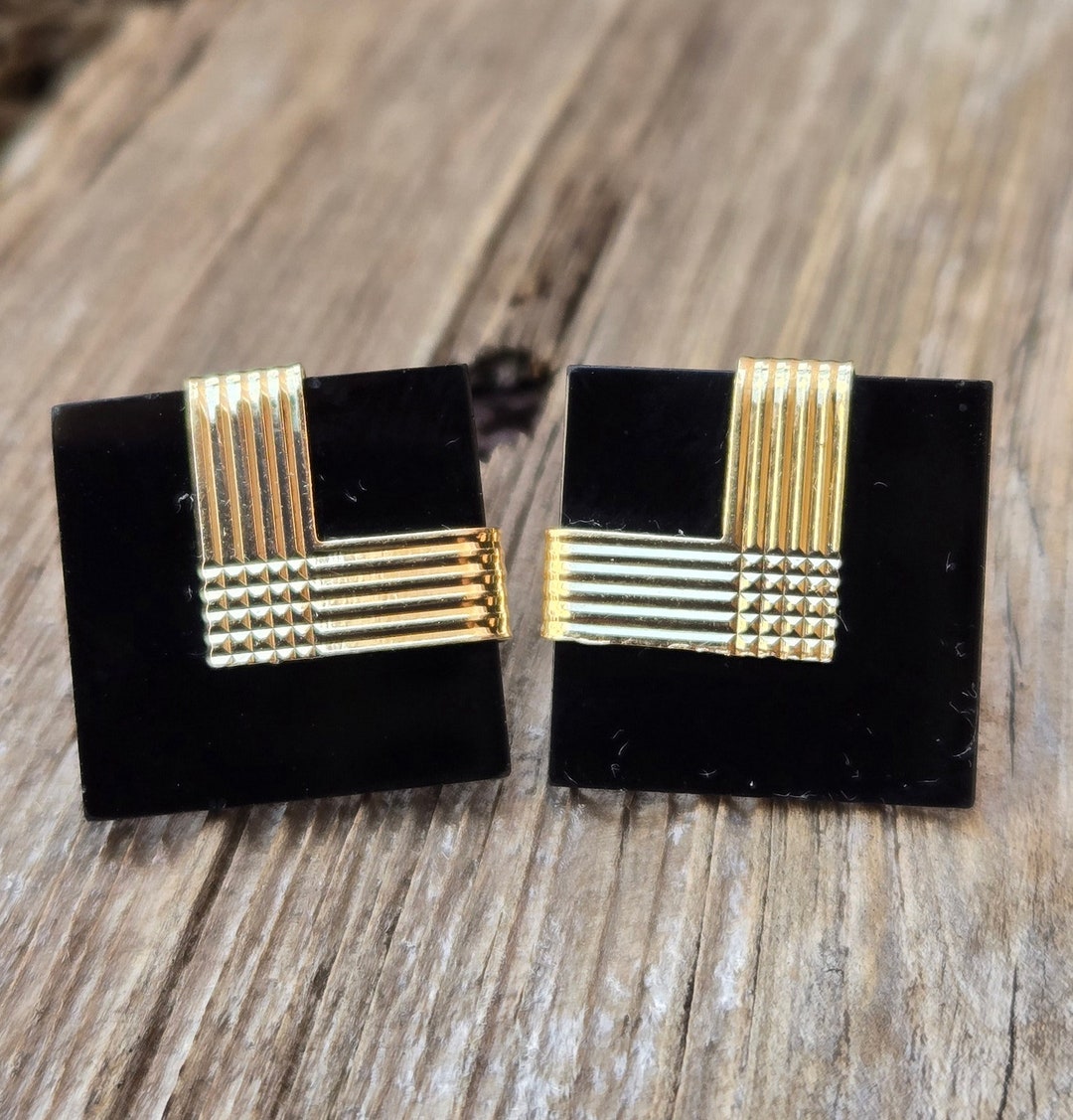 Vintage 14K Yellow Gold PBD Peter Brams Design Square Modernist Onyx ...