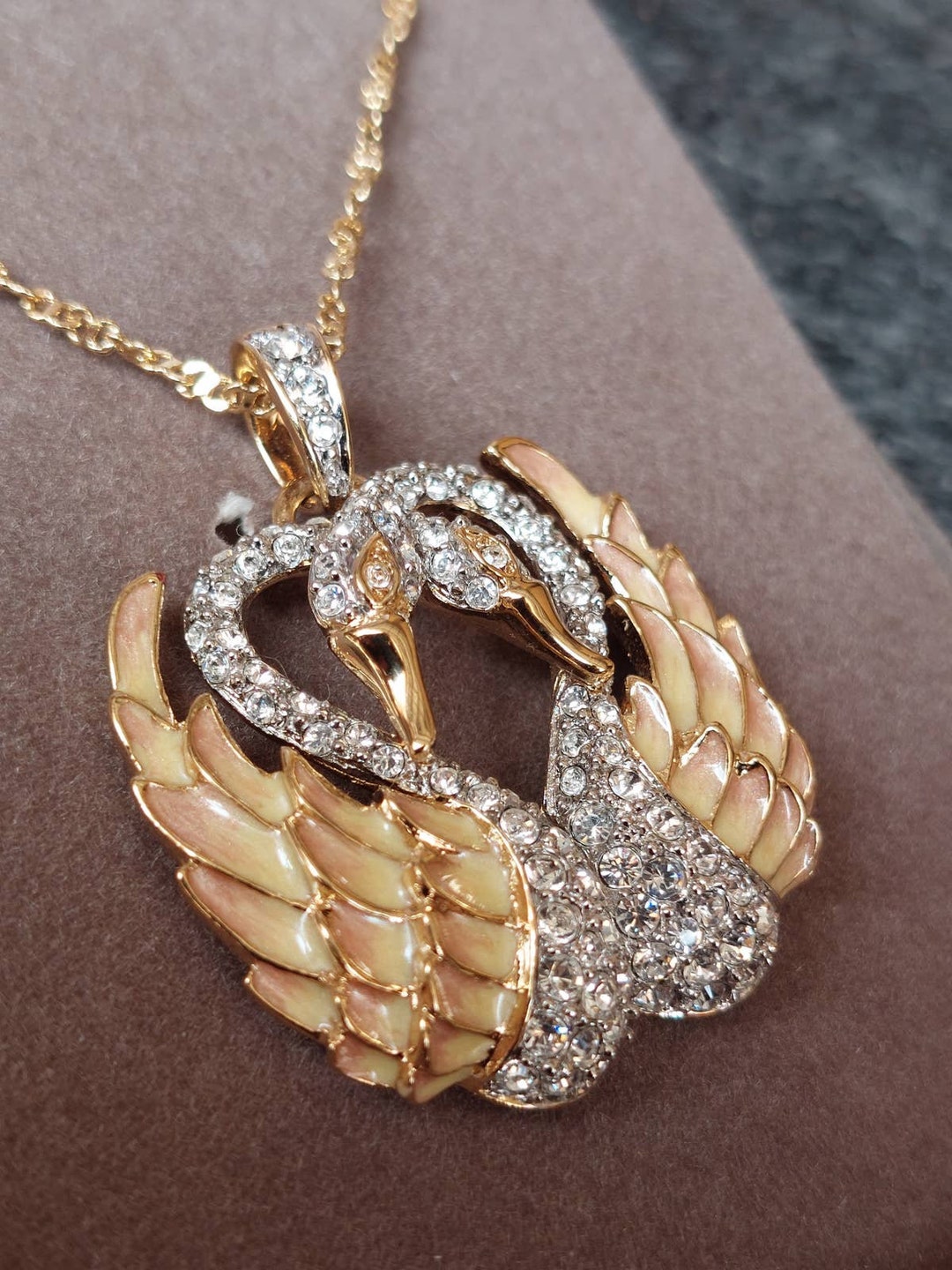 Vintage NOLAN MILLER Designer Double Swan Enamel/crystals Pendant ...