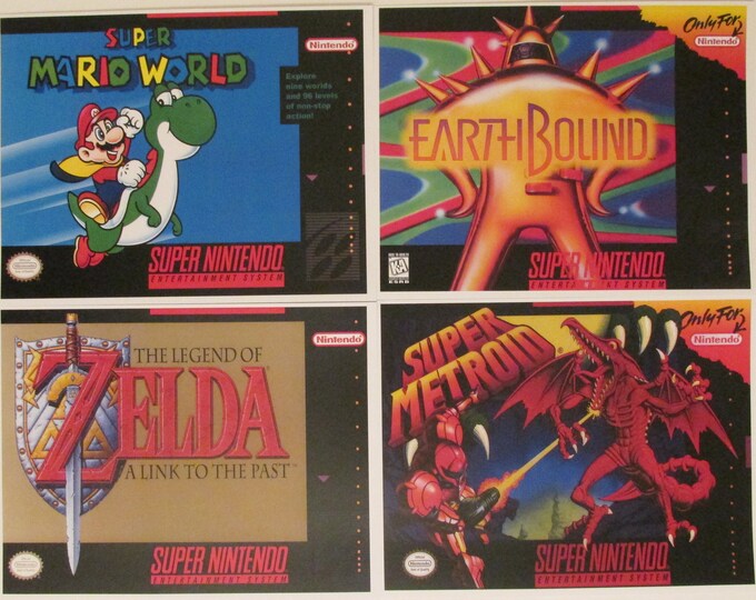 Nintendo SNES Retro Video Game Box Art Reproduction Four 11x8.5 Poster ...