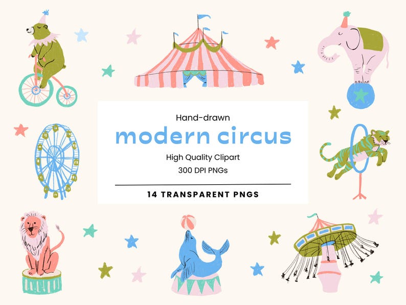 Colorful Circus Animal Clipart: Hand-drawn PNG Set (digital Download ...