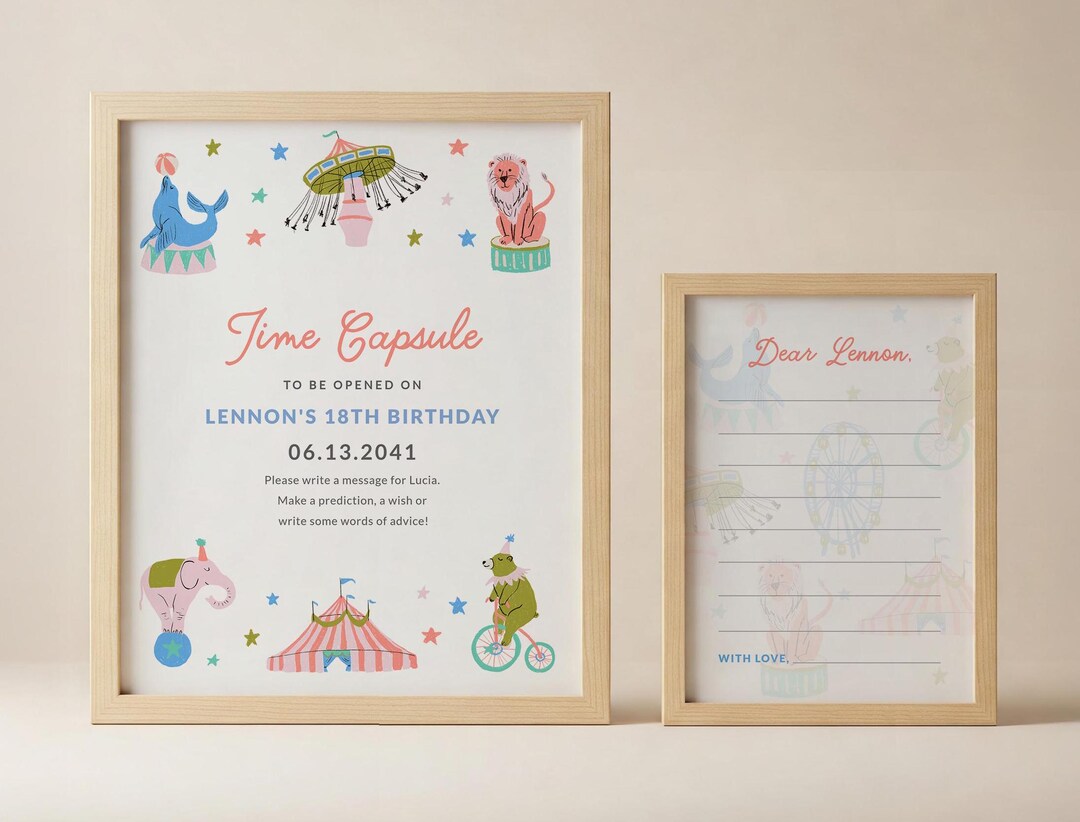 Circus Time Capsule Invitation, 8x10 Sign + 5x7 Cards, Write Wishes ...