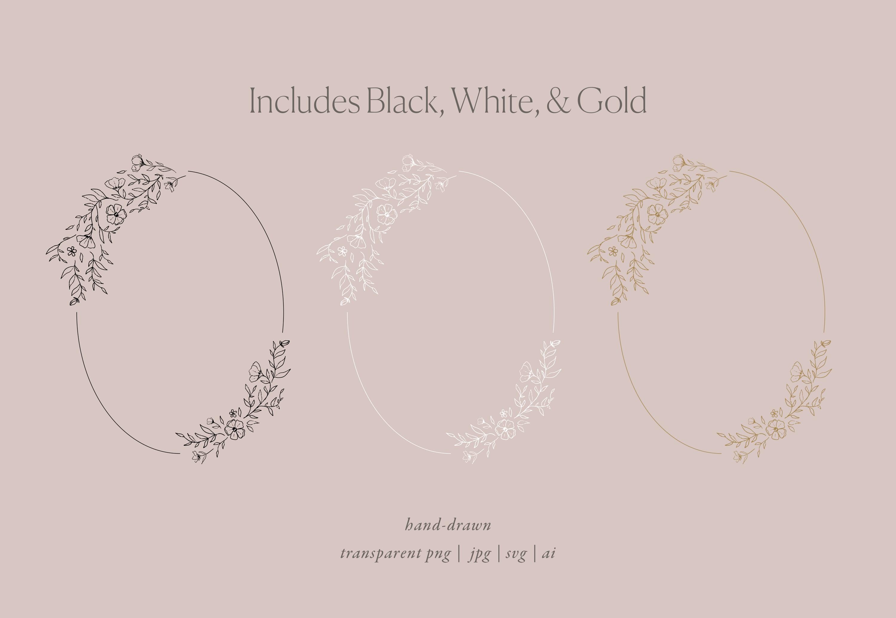 Floral Oval Frame Clipart: Hand-drawn Botanical Sketch (PNG, SVG, AI ...