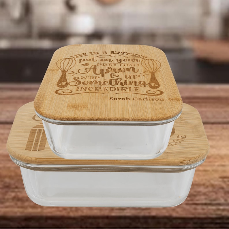 Personalized Glass Food Container With Engraved Bamboo Lid - Etsy