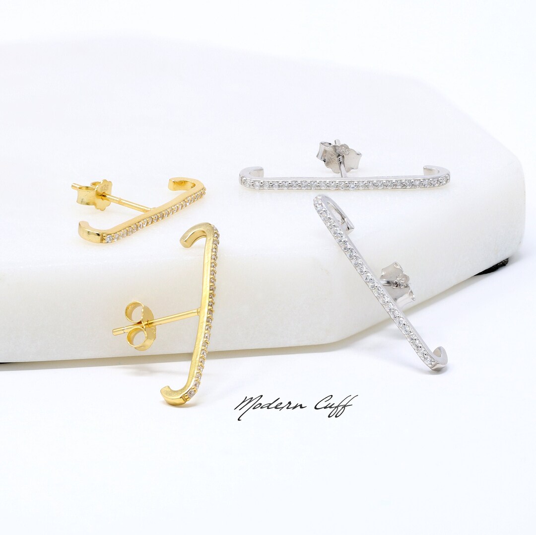 Ear Cuff Sterling Silver, Long Bar Ear Cuff Earring, Pave Ear Cuff ...