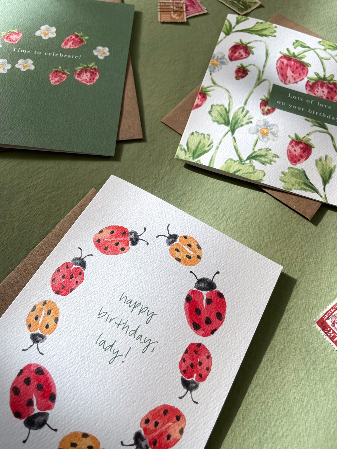 Ladybug Happy Birthday Card: Watercolor Red and Orange, A2 Notecard ...
