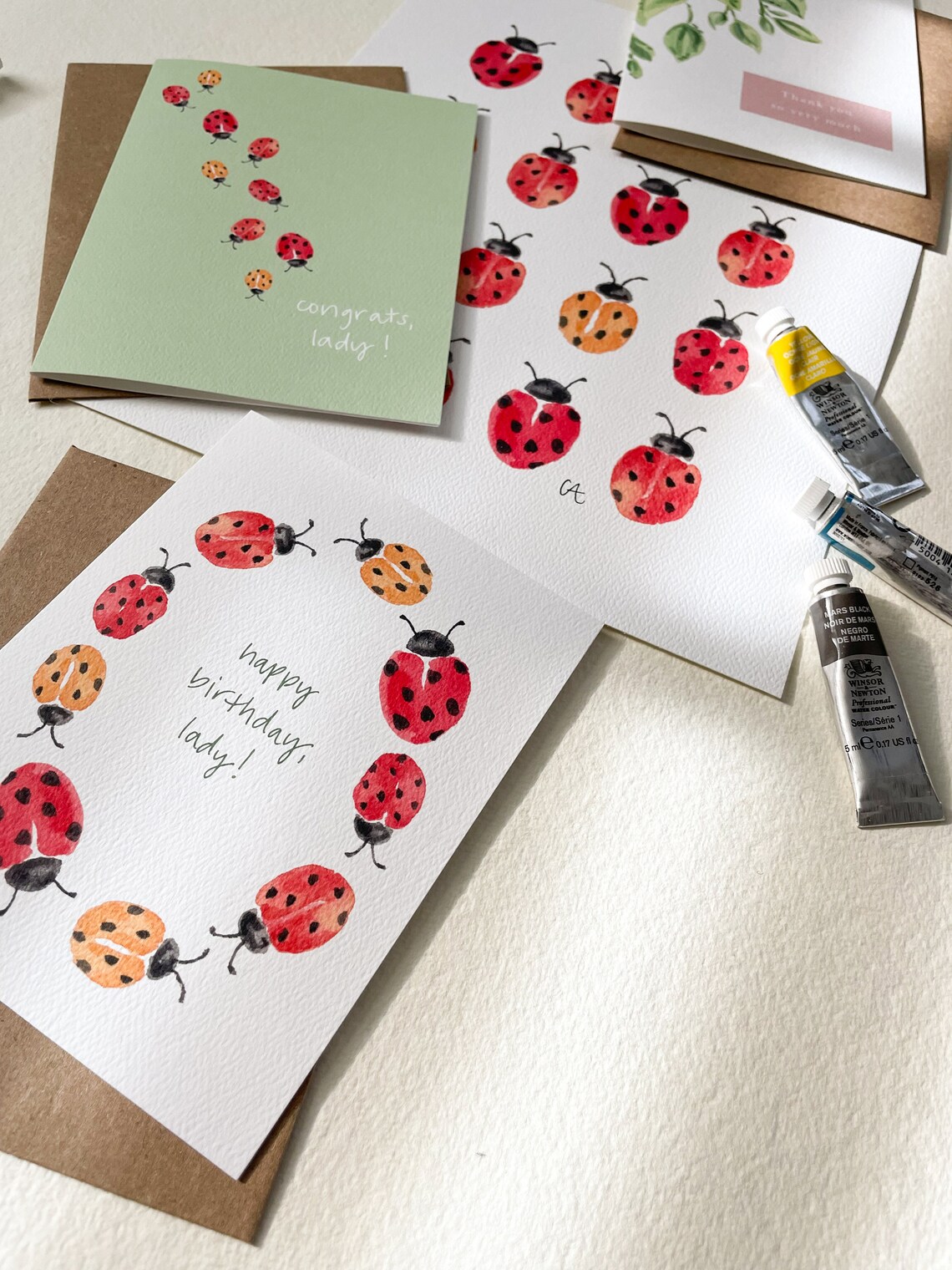 Ladybug Happy Birthday Card: Watercolor Red and Orange, A2 Notecard ...