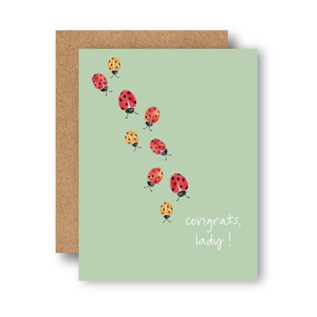 Ladybug Congratulations Card: Watercolor Green A2 Notecard With Kraft ...