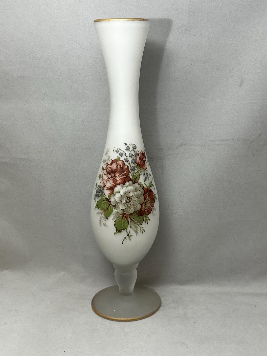 Vintage White Frosted Glass Vase With Floral Design and Gold Trim. - Etsy