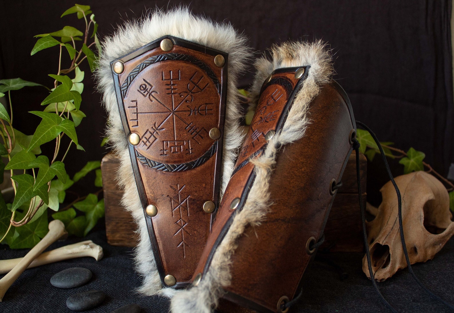 Viking Leather and Rabbit Fur Bracers // Pair of Bracers // - Etsy