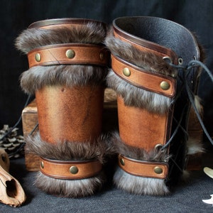 Barbarian Leather and Rabbit Fur Bracers // Viking Bracers Armor ...