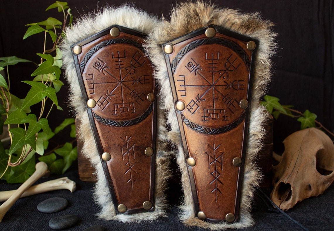 Viking Leather and Rabbit Fur Bracers // Pair of Bracers // - Etsy