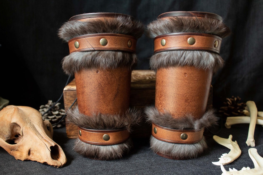 Barbarian Leather and Rabbit Fur Bracers // Viking Bracers Armor ...