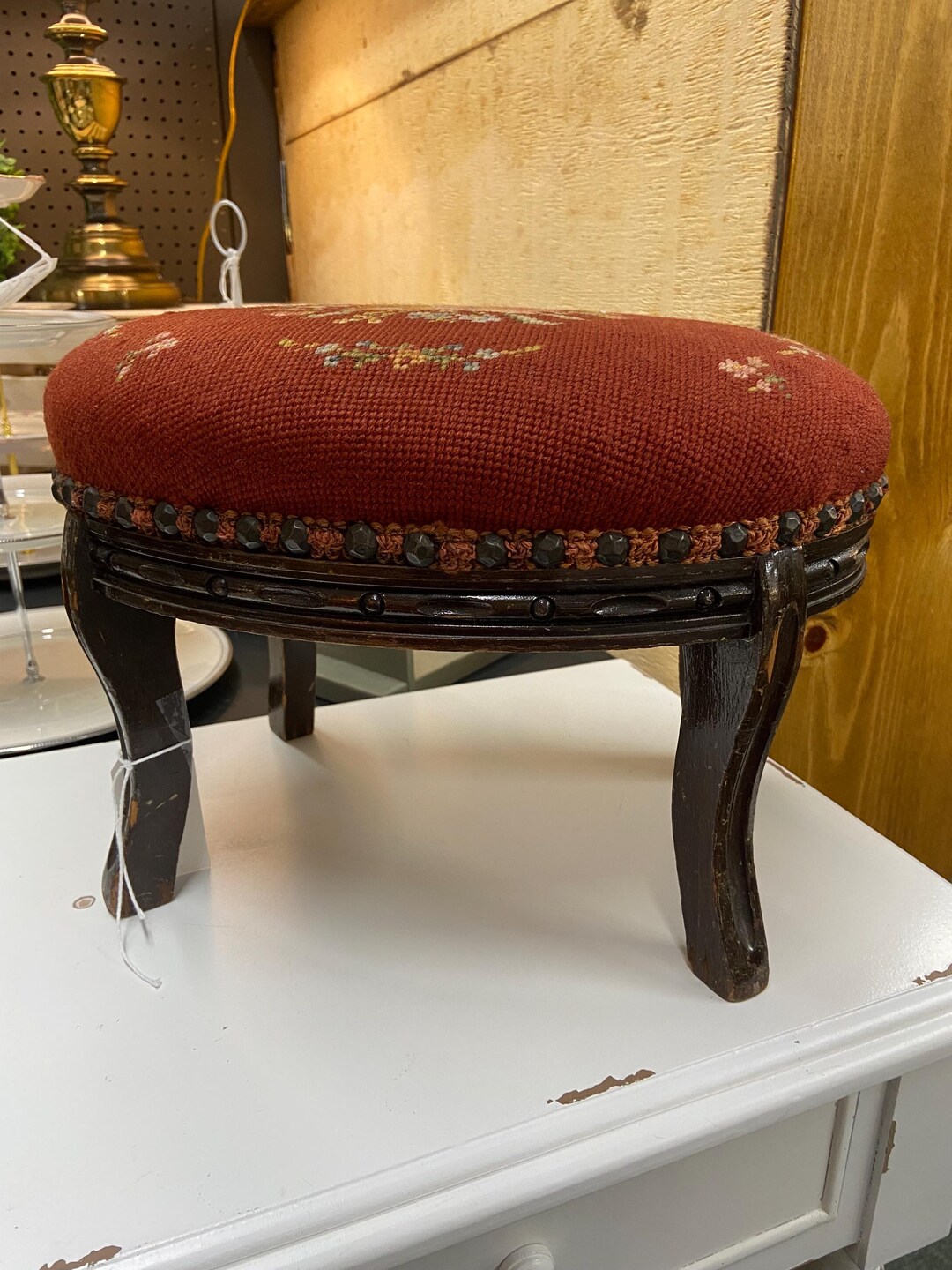 Antique Needle Point Footstool. Colonial Furniture Company. Nail Heads ...