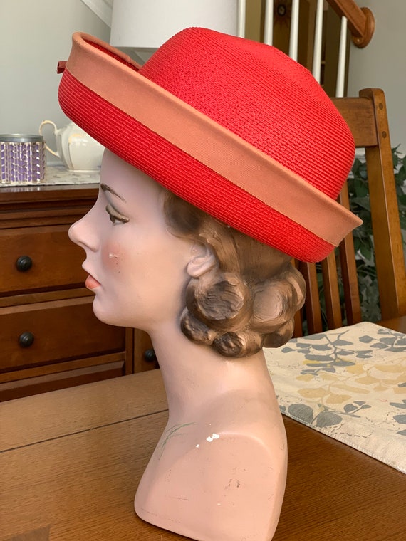 Vintage hat faux straw bowler red union made size 22 - Gem