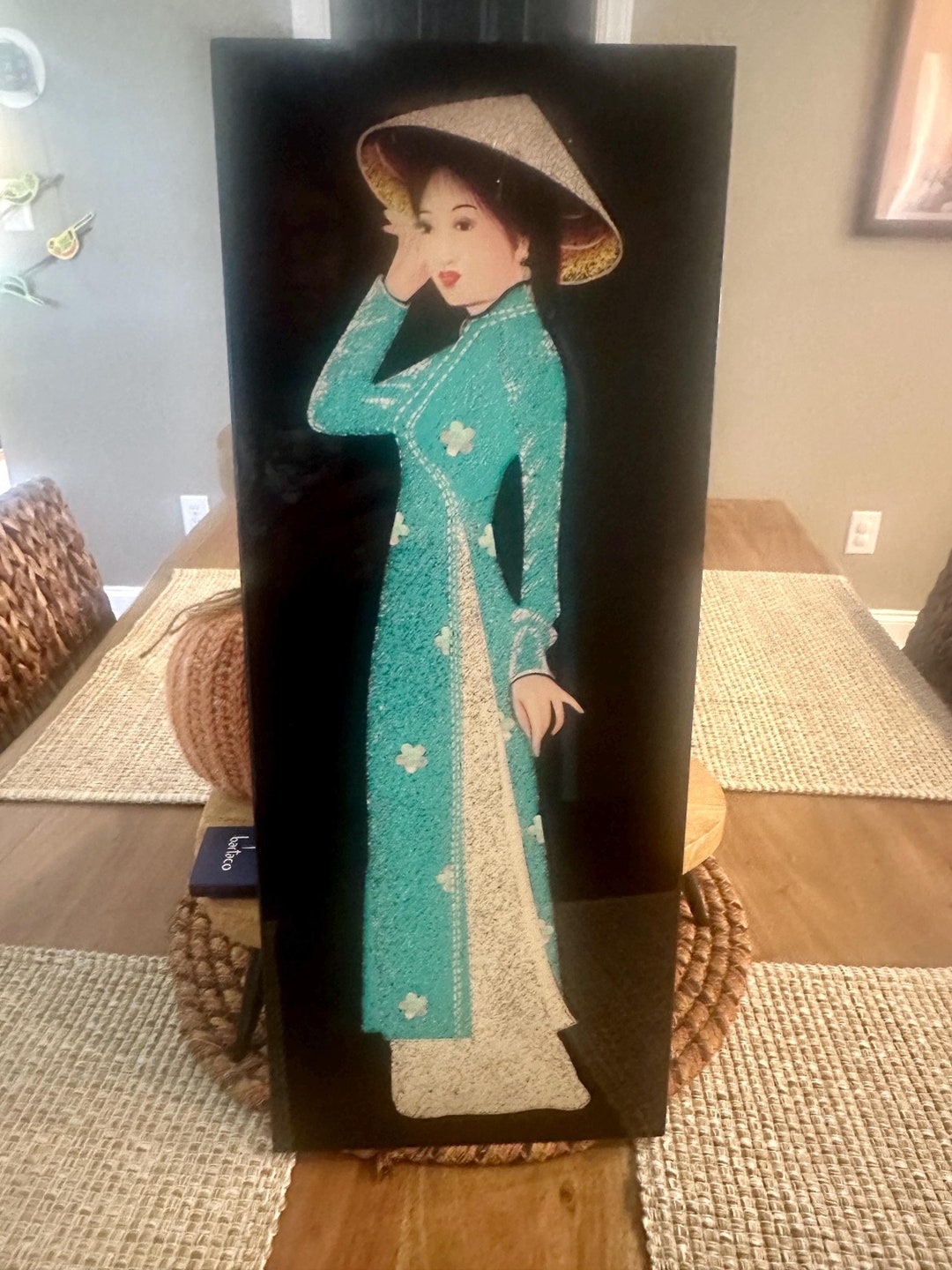 Vintage Vietnamese Lacquer Painting: Asian Lady in Turquoise Dress - Etsy