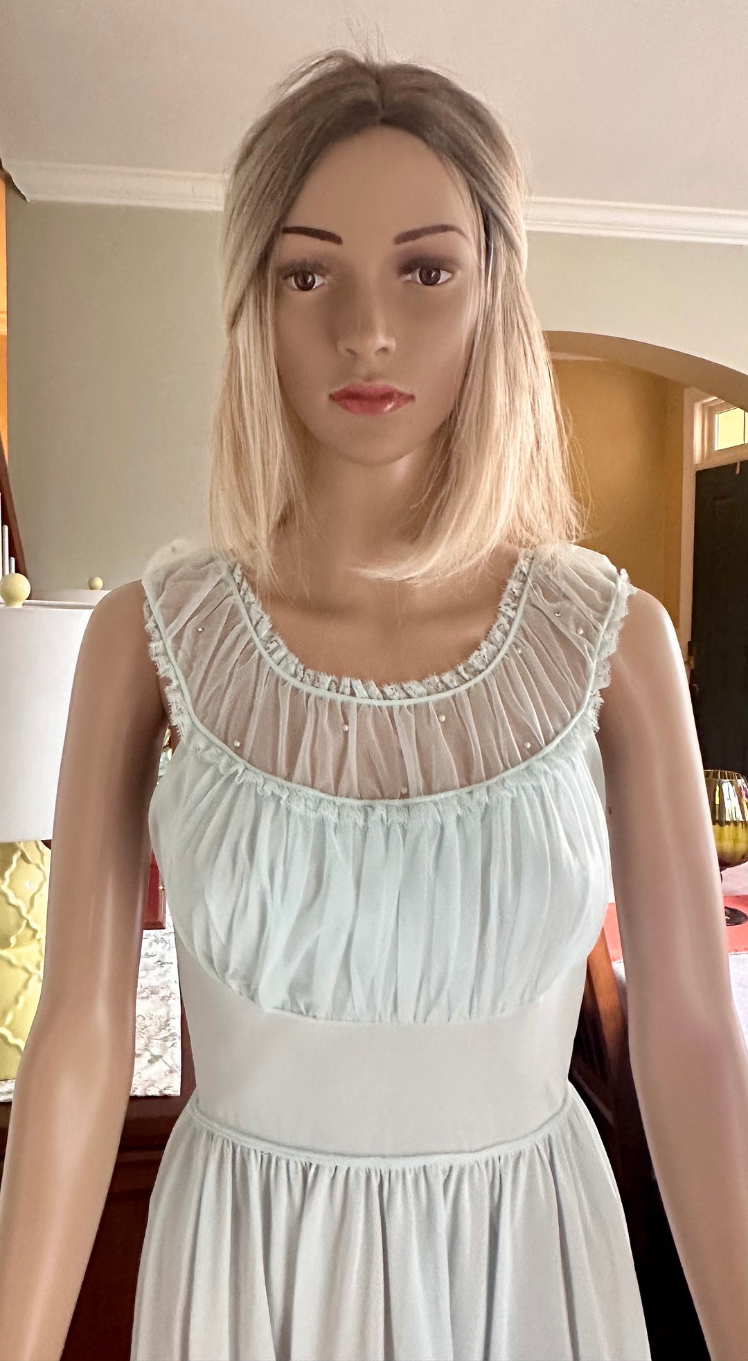 Light Blue Shadowline Peignoir Set Short Sleeve Nightgown With Chiffon ...