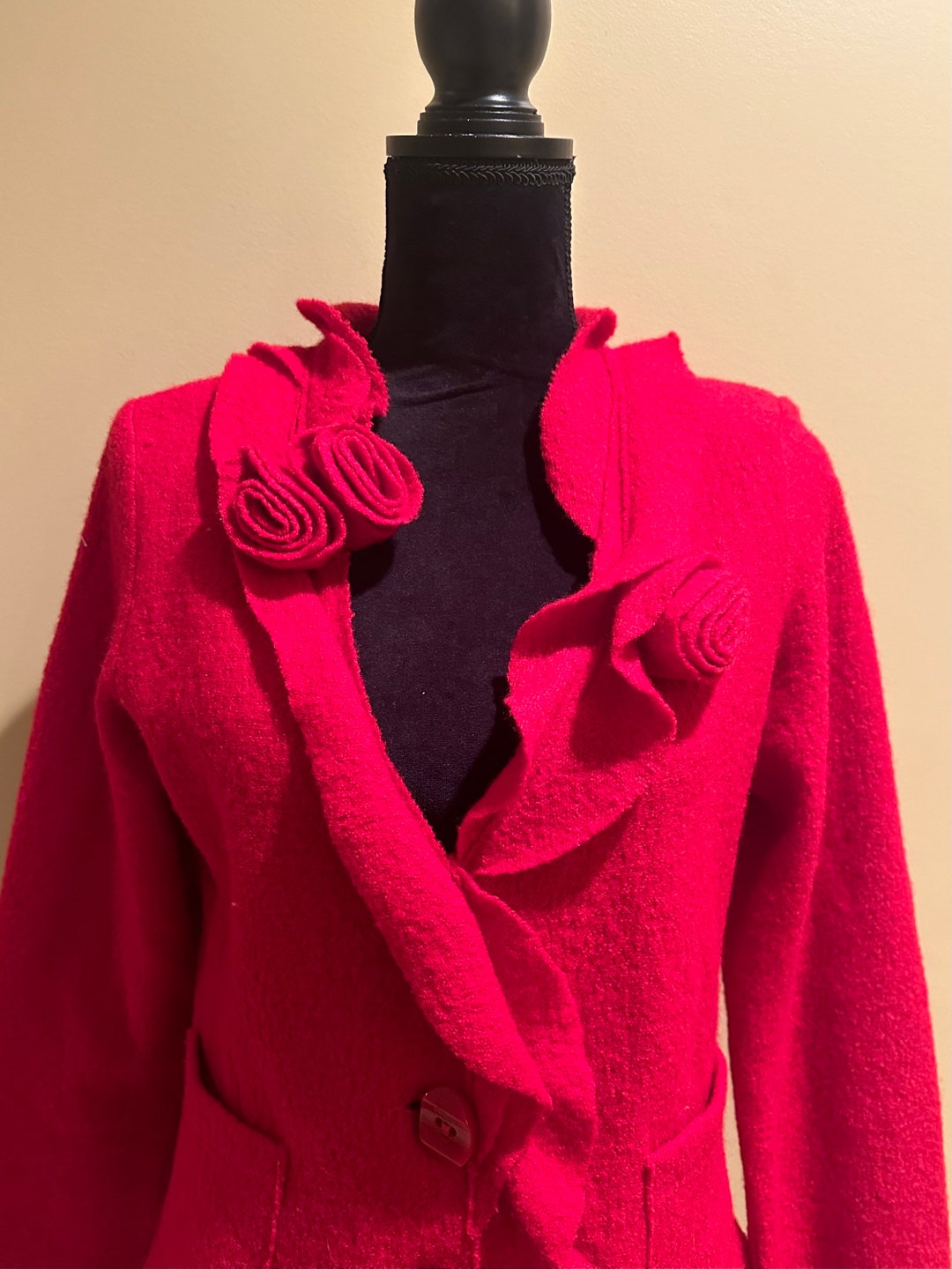 Alison Sheri Red Wool Blazer Cardigan With Ruffle Trim and Wool Roses ...